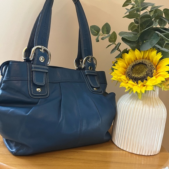Coach | Bags | Coach Leather Tote Bag Deep Blue | Poshmark